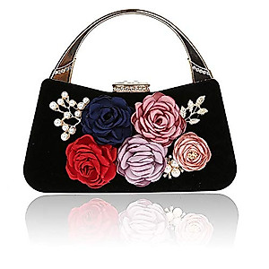 Women's Flower Evening Bag Black Clutch Purse Handbag Metal Frame Large Clutch Bag Wedding Hand Bag Carved Handle (Ship From the US)