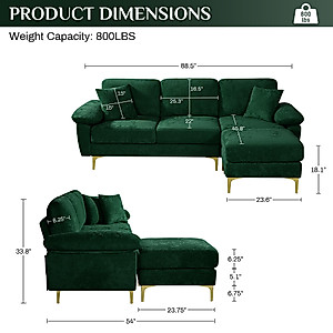 OUYESSIR L Shaped Sectional Sofa Couch, 3 Seat Velvet Sofa with Ottoman and Pillows, Upholstered Comfy Couch Sleeper for Living Room, Bedroom, 88 inches (Green)