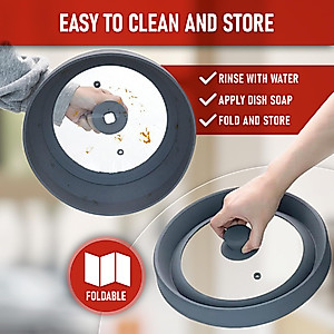 Collapsible Microwave Cover - Large 11.8" Tempered Glass & Silicone Lid, Heat Resistant, Splatter Guard with Easy-Grip Handle - Grey