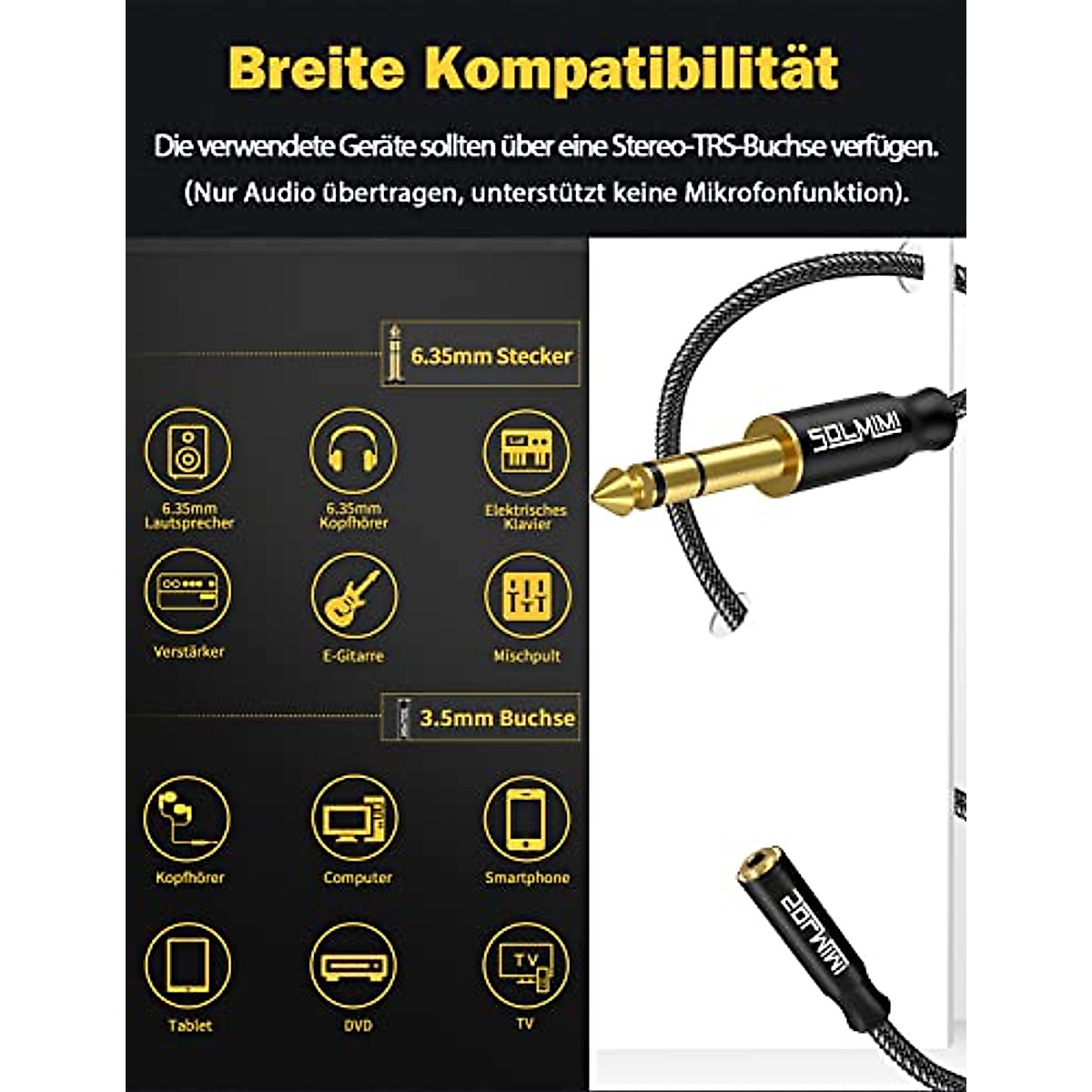 SOLMIMI Headphone Adapter 1/4 to 3.5 mm(11.5ft, 3.5 M), 1/4 to 1/8 Headphone Adapter for Keyboard Piano, Quarter Inch to Headphone Jack Adapter Compatible with Mixer Guitar Piano Amplifier Speaker