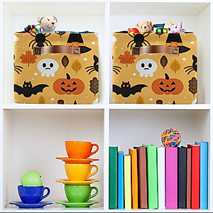 Large Foldable Storage Basket Halloween Spooky Skull Pumpkin Black Cat Storage Bin Canvas Toys Box Fabric Decorative Collapsible Organizer Bag with Handles for Bedroom Home