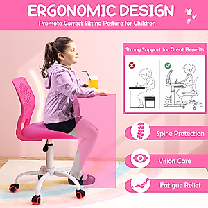 HONEY JOY Kids Desk Chair, Children Study Chair w/Adjustable Height, Low Back, Swivel Rolling Mesh Task Student Chair, Kids Computer Chair for Teens Girls Boys Home/School/Office (Rose)
