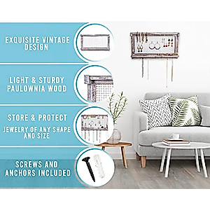 Comfify Rustic Jewelry Organizer – Wall Mounted Jewelry Holder w/Removable Bracelet Rod, Shelf & 16 Hooks – Perfect Earrings, Necklaces & Bracelets Holder – Rustic White