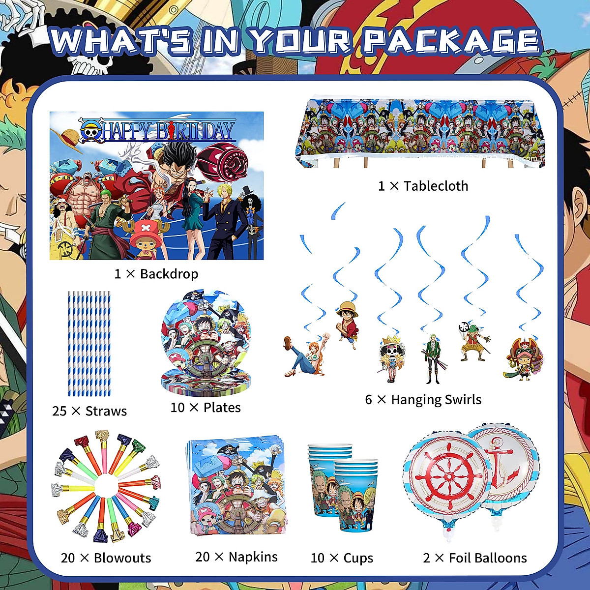 224Pcs Anmie Birthday Party Supplies, Anmie Birthday Party Decorations for 10 Guests, Include Banner, Cake & Cupcake Topper, Swirls, Backdrop, Tablewares, Balloons and Stickers for Kids Party Favors