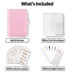 Sooez [Pastel Collection] Money Organizer for Cash, A6 Leather Budget Binder with Zipper Envelopes, 43 Large Rose Gold Sticky Labels & Extra Thick Expense Sheets, Money Saving Binder for Budgeting