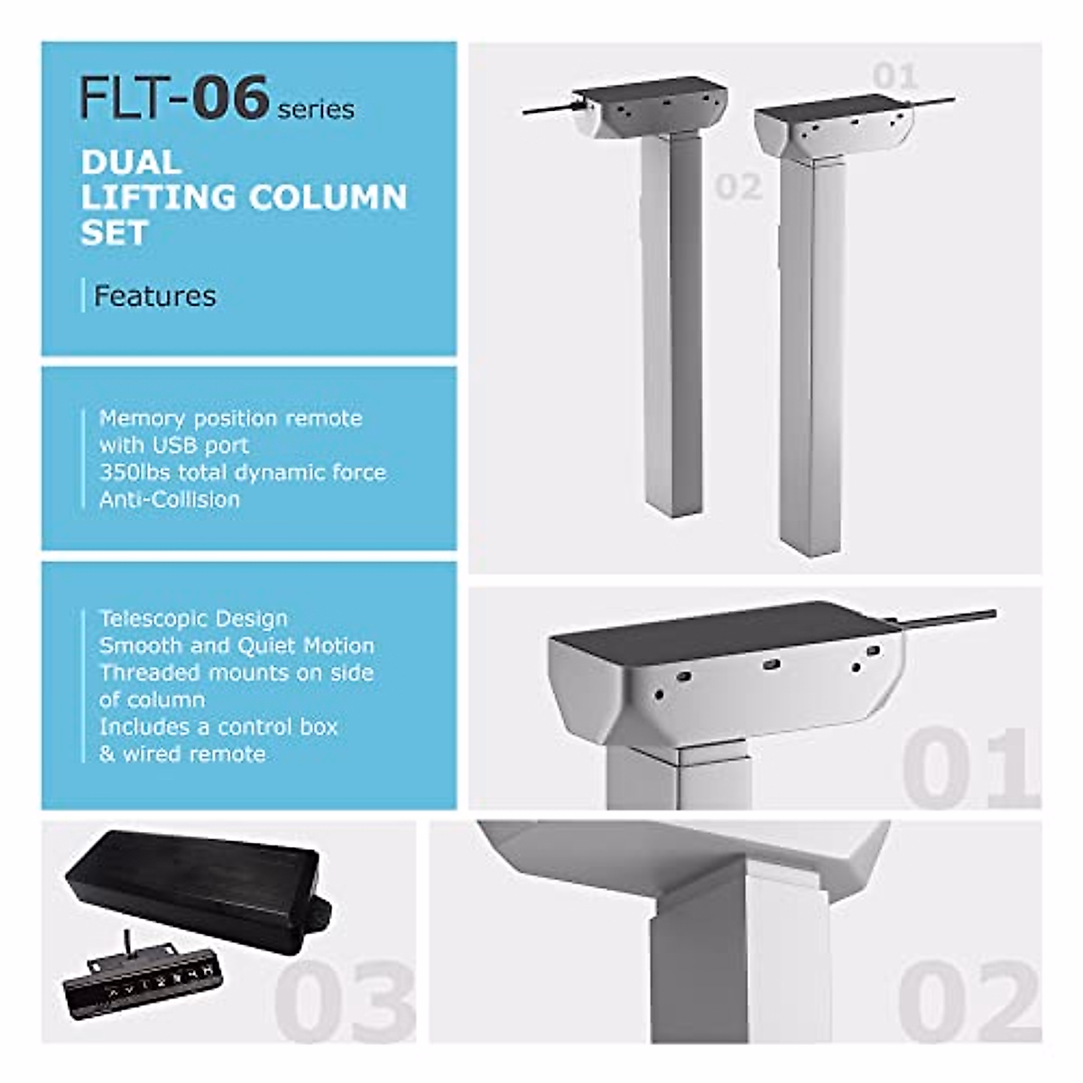 PROGRESSIVE AUTOMATIONS Height Adjustable Two-Leg Lifting Column Set - 24VDC | Brushed DC Motor | Height Range (22 to 47.5) | for Industrial, Home, Office Automation | FLT-06 Model