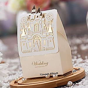 Hosmsua 50pcs Laser Cut Wedding Favor Boxes Candy Box Gift Bag Bride and Groom Paper Bags with Romantic Castle Design (Beige) CB5093