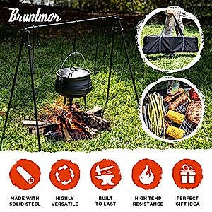 Bruntmor Grill Swing Campfire Cooking Stand BBQ Grill for Cookware & Dutch Oven Adjustable Collapsible Legs with Hooks & Accessories & Carrying Case Black