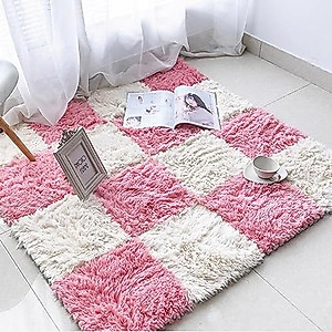 20pcs 12x12x0.4in Plush Foam Carpet Mats,Washable Anti-Slip Square Foam Interlocking Floor Tiles Mats,DIY Soft Fluffy Shaggy Area Puzzles Rug-20 Sq.ft(Color:White + Pink)