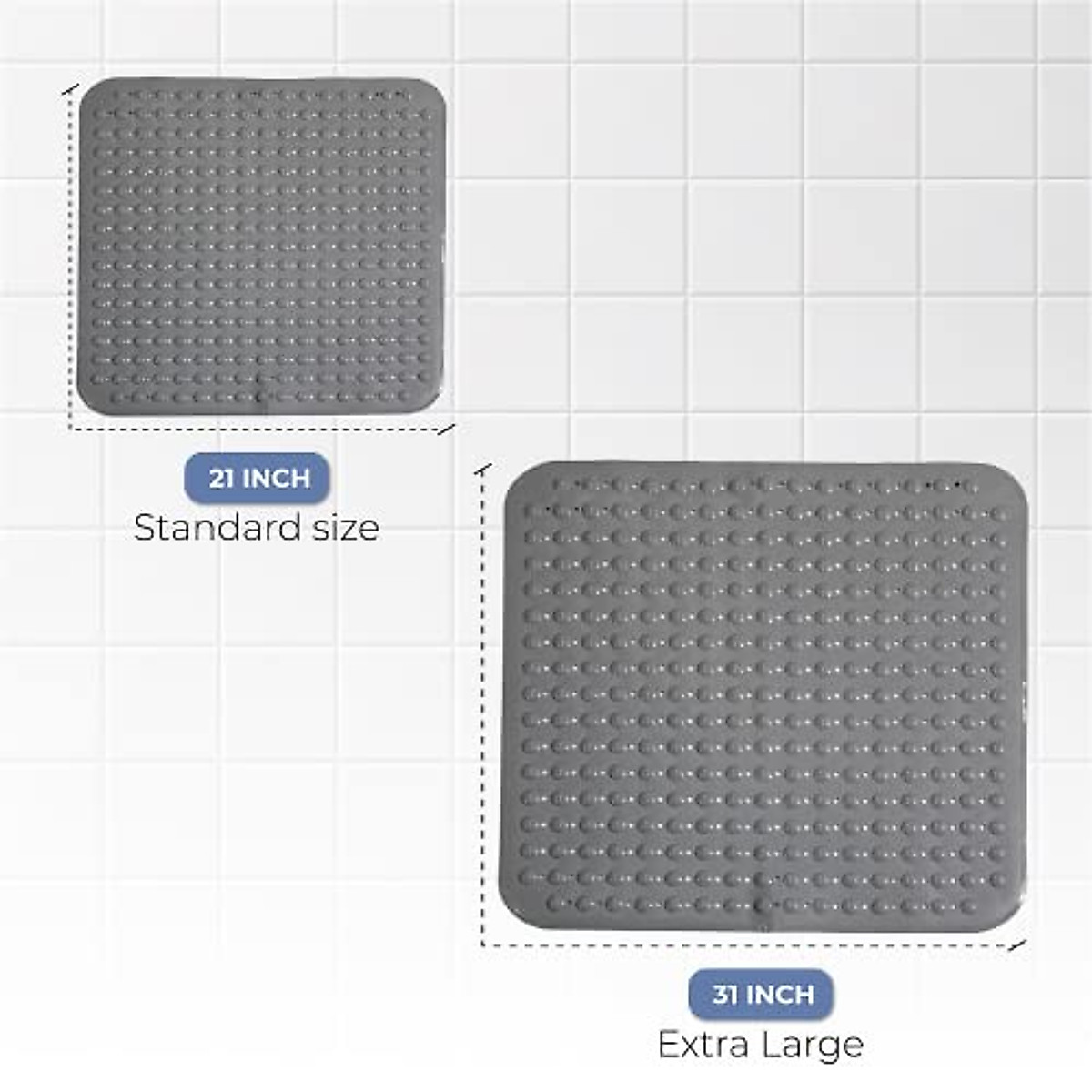 ENKOSI Extra Large Square Non Slip Shower Mat | 31 x 31-inch XL Shower Mats for Showers Anti Slip - Square Shower Stall Mat for Bathroom Shower Floors | Secure Suction Cups and Drain Holes (Grey)