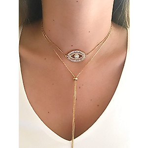 LESLIE BOULES Gold Evil Eye Lariat Necklace for Women 18K Gold Plated Sliding Adjustable Chain Choker Jewelry