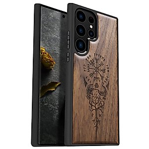 Carveit Wood Case for Galaxy S23 Ultra Case 2023 [Natural Wood & Black Soft TPU] Shockproof Protective Cover Unique & Classy Wooden Case Compatible with Samsung S23 Ultra (Viking Compass-Walnut)