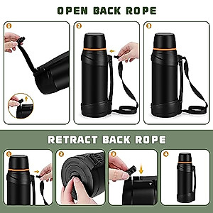 Beyoung 2000ML Large Coffee Thermoses for Cold & Hot, Portable 304 Stainless Steel Classic Vacuum Bottle with Plastic Cup and Hidden Strap for Sports Hiking Fishing (Black)