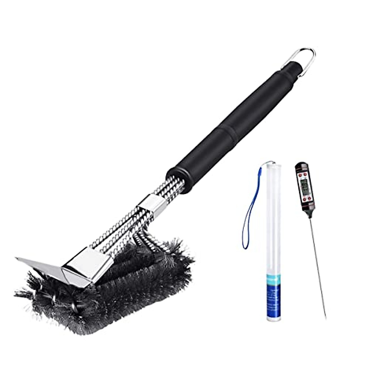 BBQ Grill Brush and Meat Thermometer-Barbecue Grill Cleaning Brush Without Bristle- 17inch Portable Stainless Steel Grill Cleaner Brush for Hard-to-Reach Surfaces -with Meat Thermometer