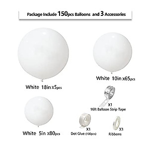 SANERYI White Balloons Garland Arch Kit (Pack of 150) Matte Latex Balloon Different Sizes for Wedding Baby Shower Decorations (18 10 5 Inch)