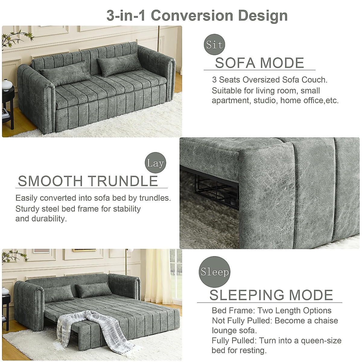 CALABASH 82.3" Queen Pull Out Couch Bed, 3 in 1 Convertible Sleeper Sofa Bed, Velvet 3-Seater Pullout Couch with 2 Storage Drawers for Living Room, Apartment, Small Space (Grey)