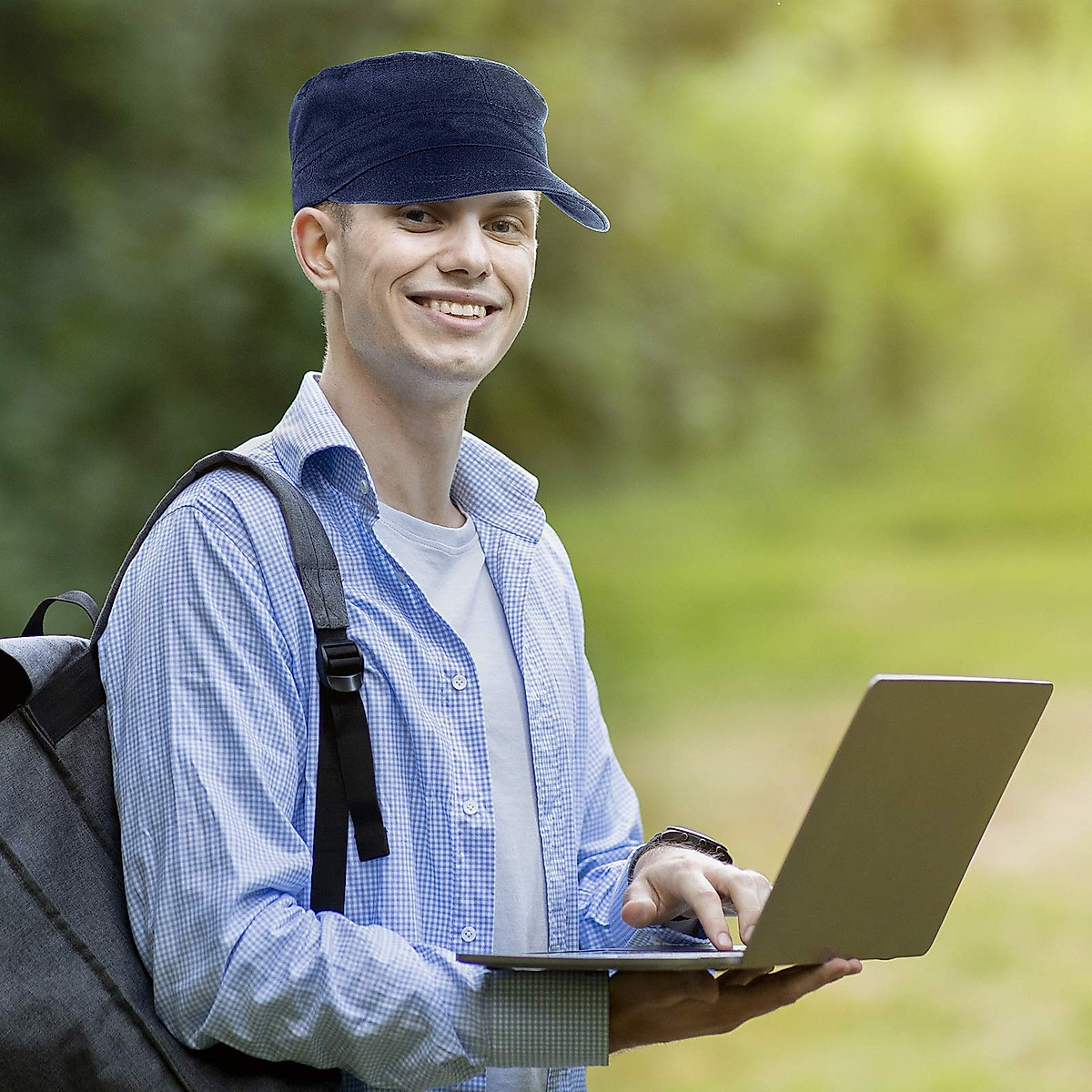 Syhood 3 Pieces Cadet Army Caps Military Army Hat Cotton Fitted Adjustable Twill Flat Caps Solid Color Unisex Cadet Hat Brim for Men Women