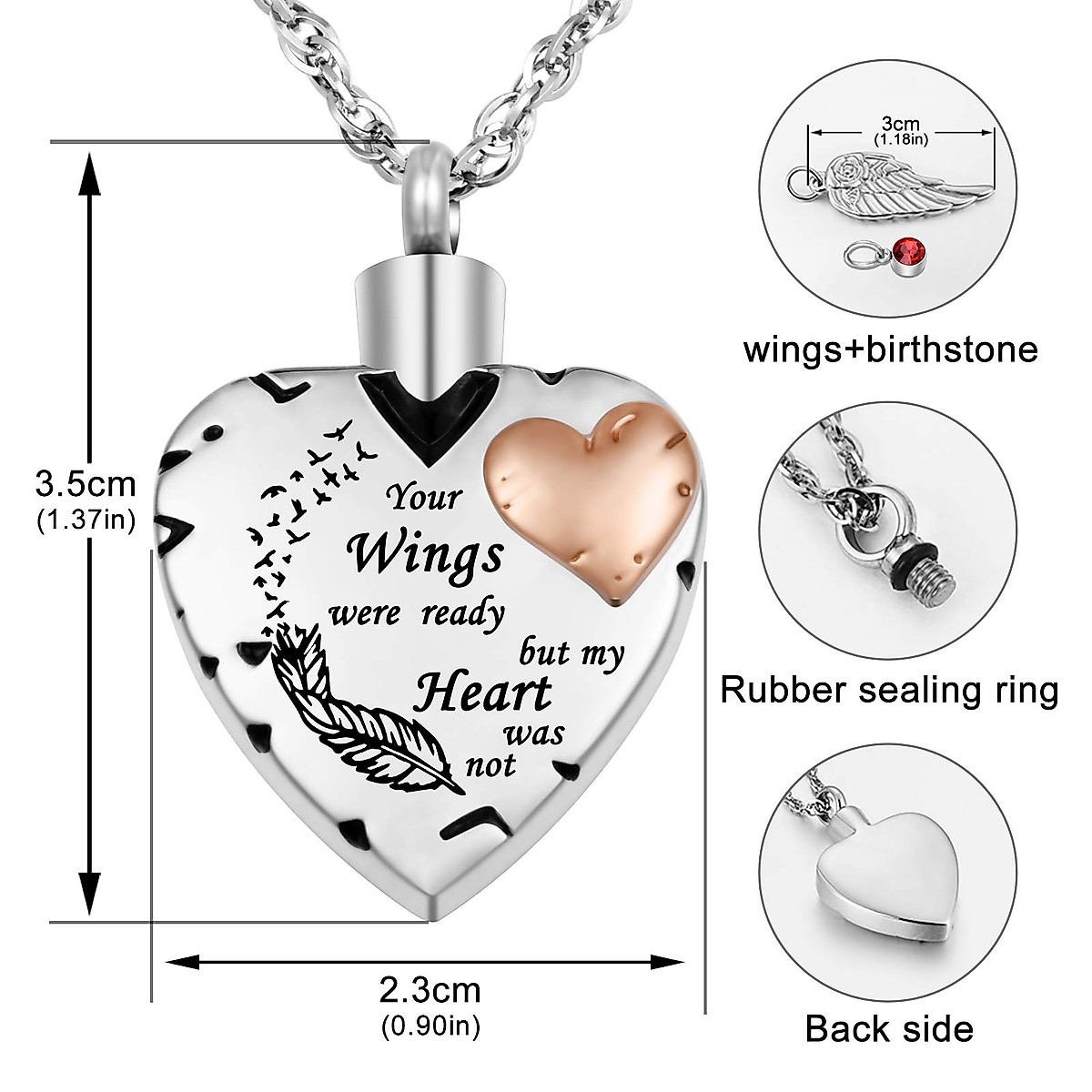 Dletay Heart Cremation Necklace for Ashes Cremation Jewelry with 12 Birthstones Urn Necklace for Ashes-Your Wings were Ready but My Heart was Not