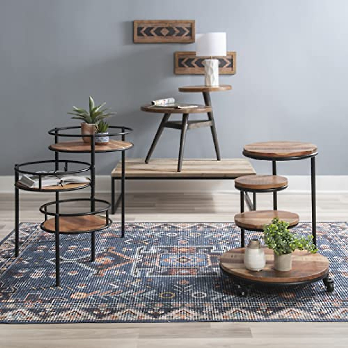 Powell Natural Wood & Gun Metal Grey Stand Bruno, Two Tiered Plant Side Table, Brown and Black