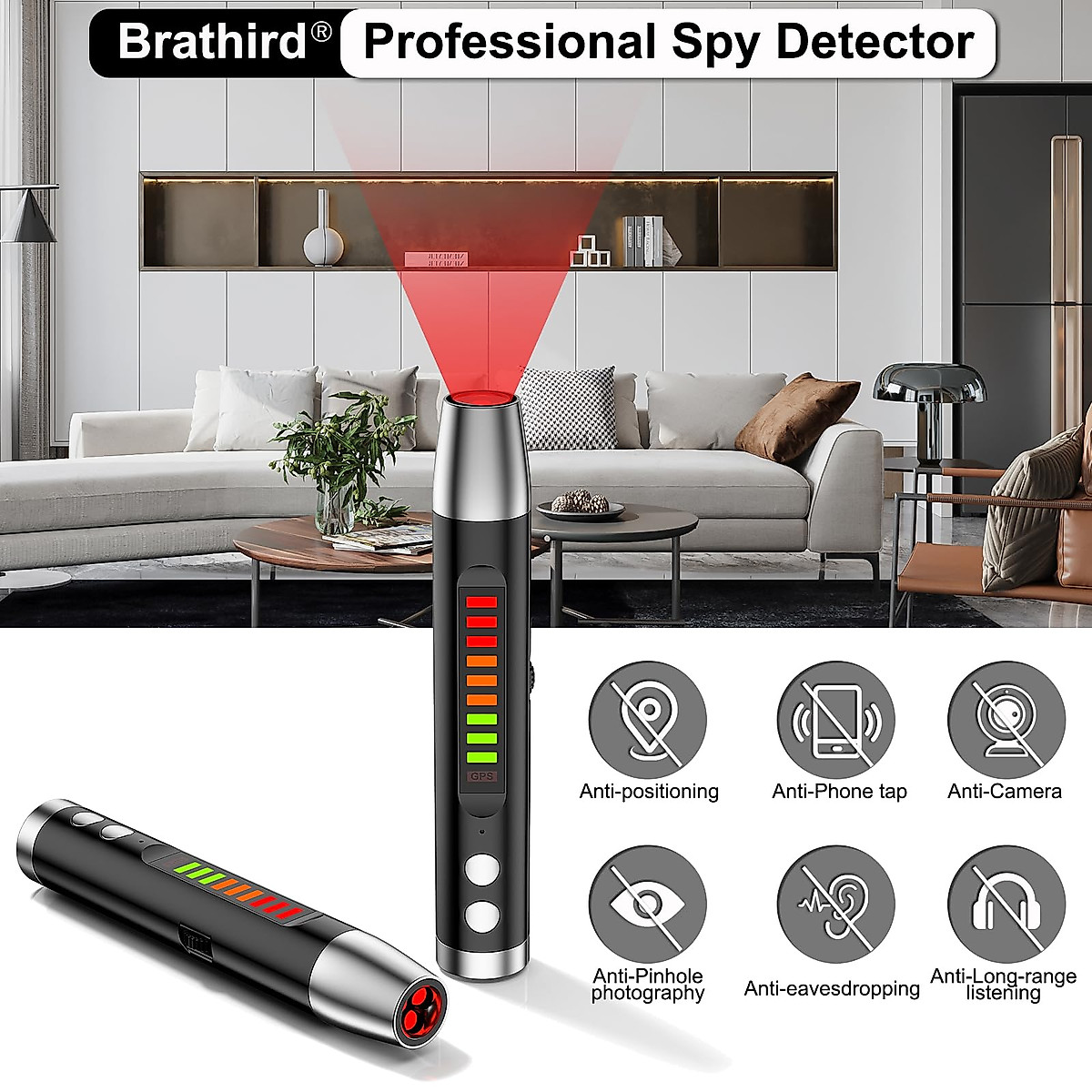 Brathird Spy Detector, Hidden Camera Detectors, Camera Finder, RF/Bug Signal Scanning/Magnetic Field Detection/IR Mode Detection for GPS Tracker, Spy Camera Detector Finder for Travel, Office, Car