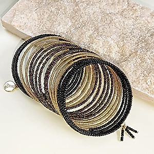 Coiris Multilayer Seed Beads Stretch Bracelets Tiny Beaded Stackable Strand Bangle for Women Girls（BR-1211-Black Gold Ancient Brown）