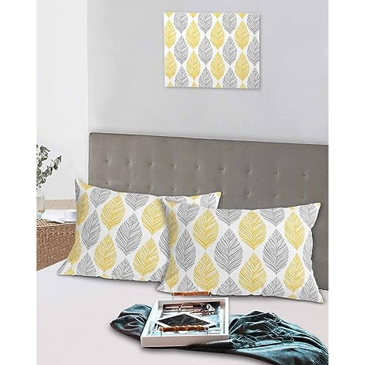 Edwiinsa Yellwo Grey Leaves Pillow Covers Standard Size Set of 2 20x26 Bed Pillow, Summer Tropical Plant Aesthetics Plush Soft Comfort for Hair/Skin Cooling Pillowcases with Envelop Closure