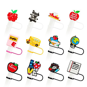 Generic Straw Cover Cap | 12Pcs | 10mm | Perfect for 30 & 40oz Stanley Cups | Reusable | Fun and Cute Designs (Teacher), FruStrawCap1