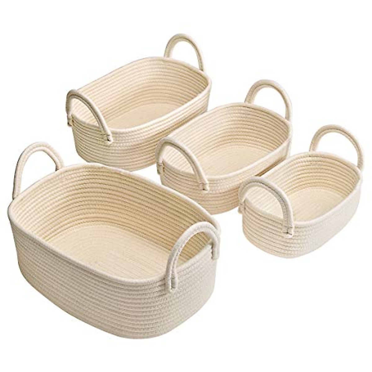 4 Set Wicker Storage Bin Baskets, Multipurpose Cotton Rope Basket Organizers with Study Handles for Baby Nursery, Laundry, Kids Toys & Stationery, Washable & Chemical Free Woven Organizer Bins, White