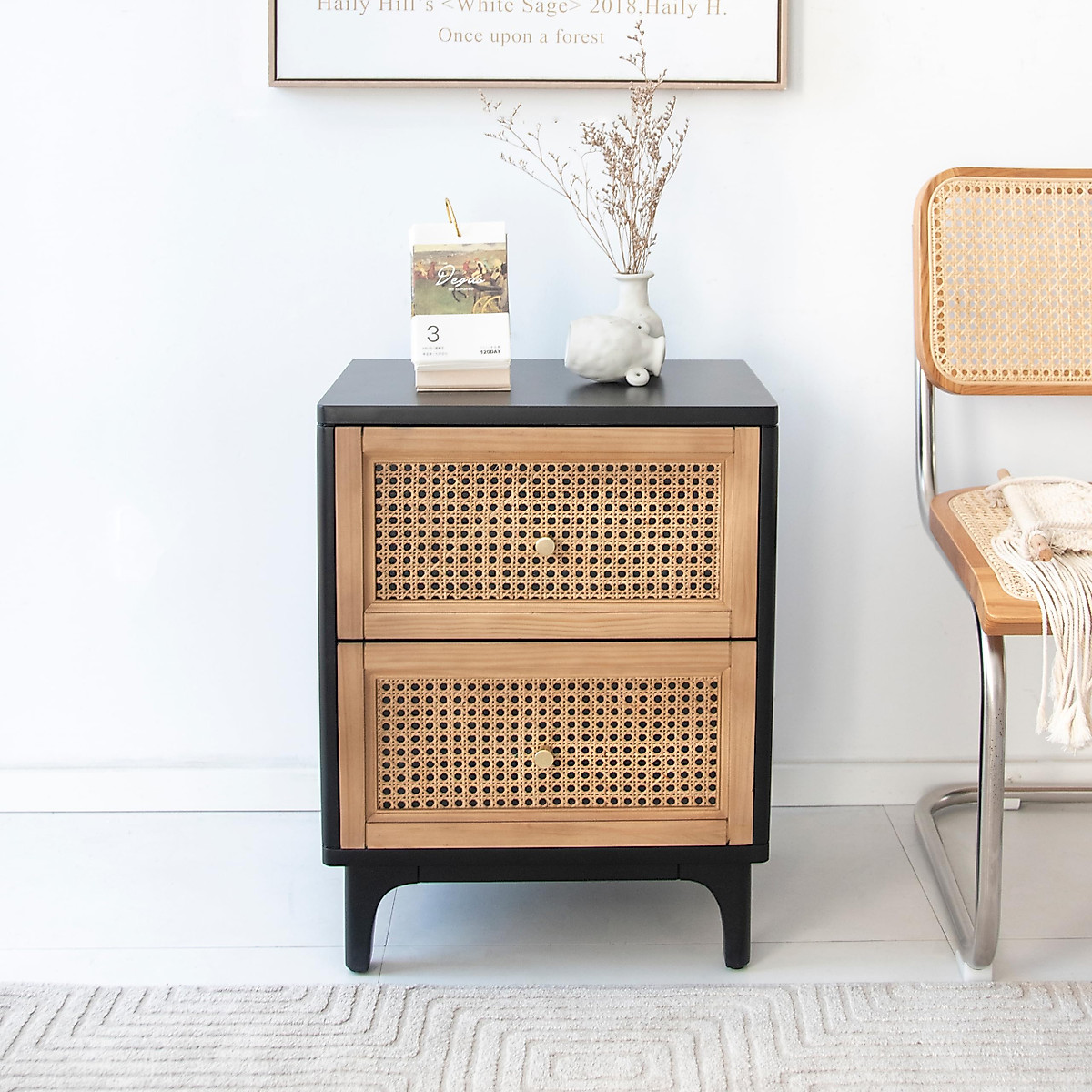 COZAYH Set of 2 Fully-Assembled 2-Drawer Woven Cane Front Accent Nightstand with Brass Knobs, Black