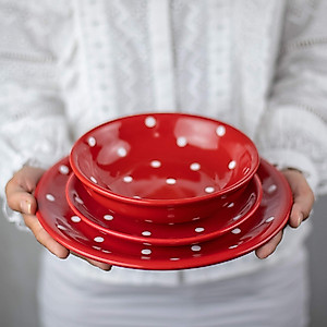 City to Cottage Handmade Red and White Pottery Polka Dot Glazed 7.3inch/18.5cm, 14oz/400ml Salad, Pasta, Fruit, Cereal, Soup Bowl | Unique Ceramic Dinnerware, Housewarming Gift