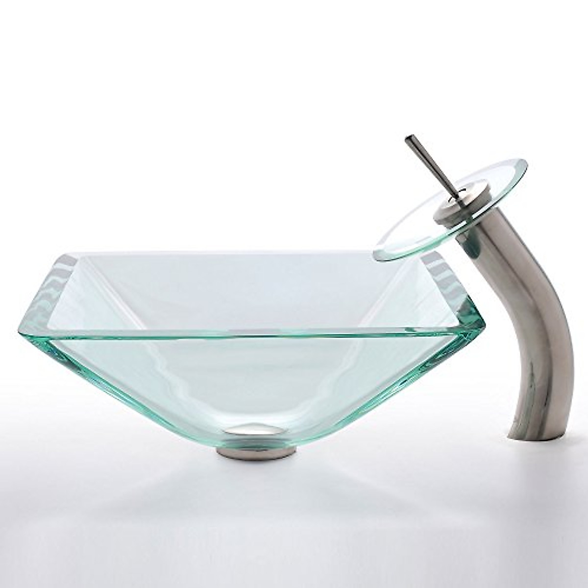 Kraus GVS-901-19mm-SN Aquamarine Square Clear Glass Vessel Bathroom Sink with PU-MR Satin Nickel