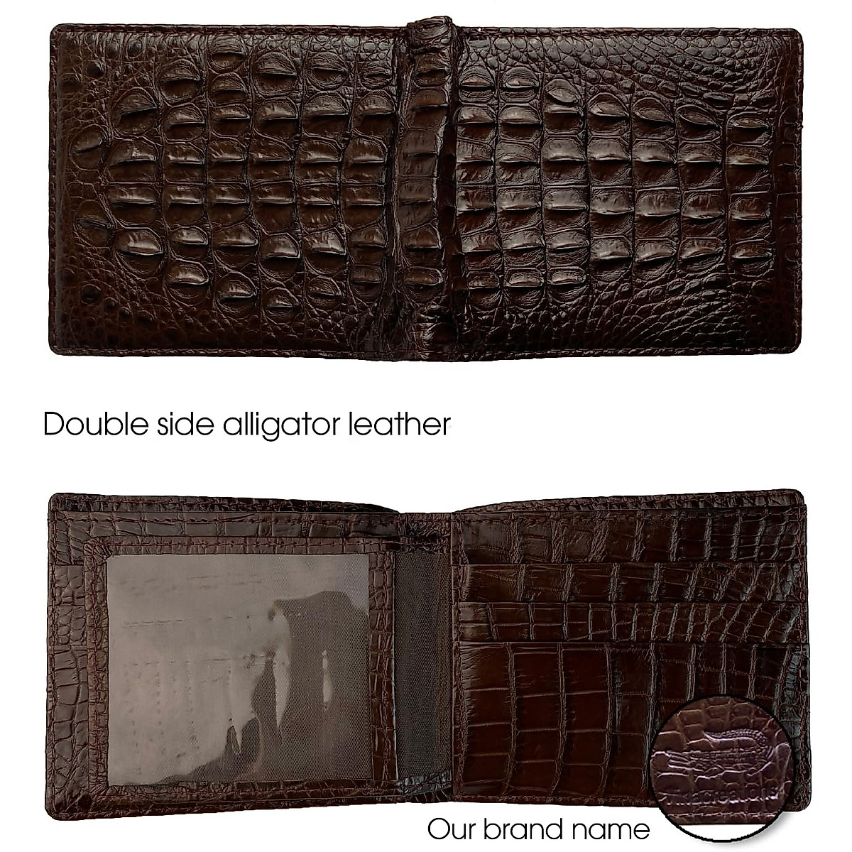 Dark Brown Bifold Leather Wallet For Men With Flip Out ID Holder Credit Card Premium RFID Blocking AIIgator Double Side Handmade Gift For Birthday Wedding Anniversary Father's Day VINAM-100