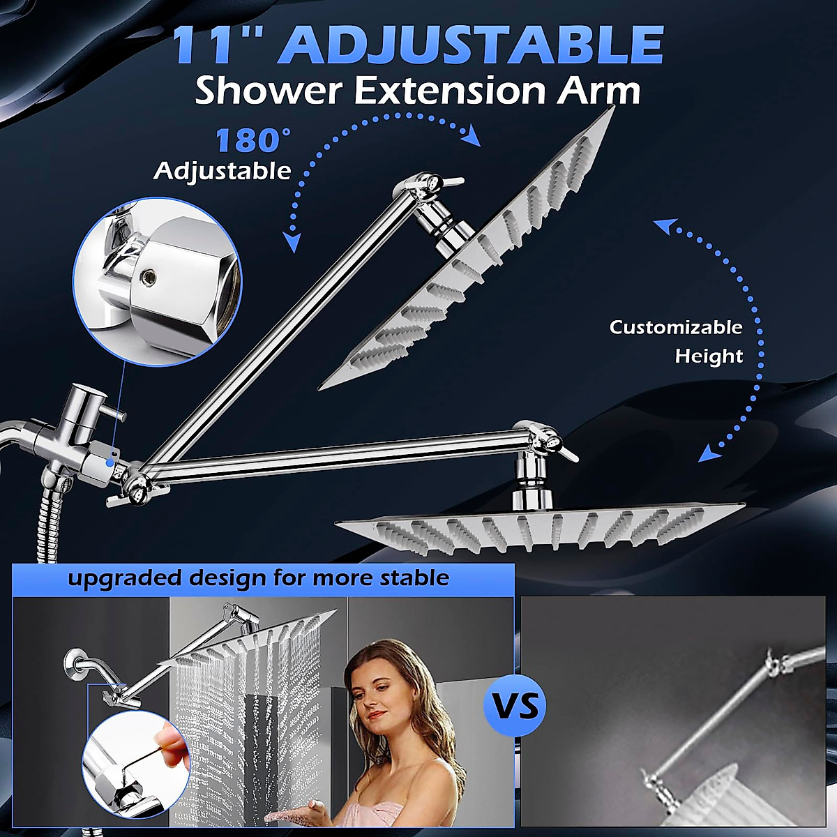 XaGai Modern 12-Inch Rain Shower Head with Handheld Spray, 11-Inch Extension Arm, 6 Settings, Anti-Leak, Built-in Power Wash, Height/Angle Adjustable, Chrome