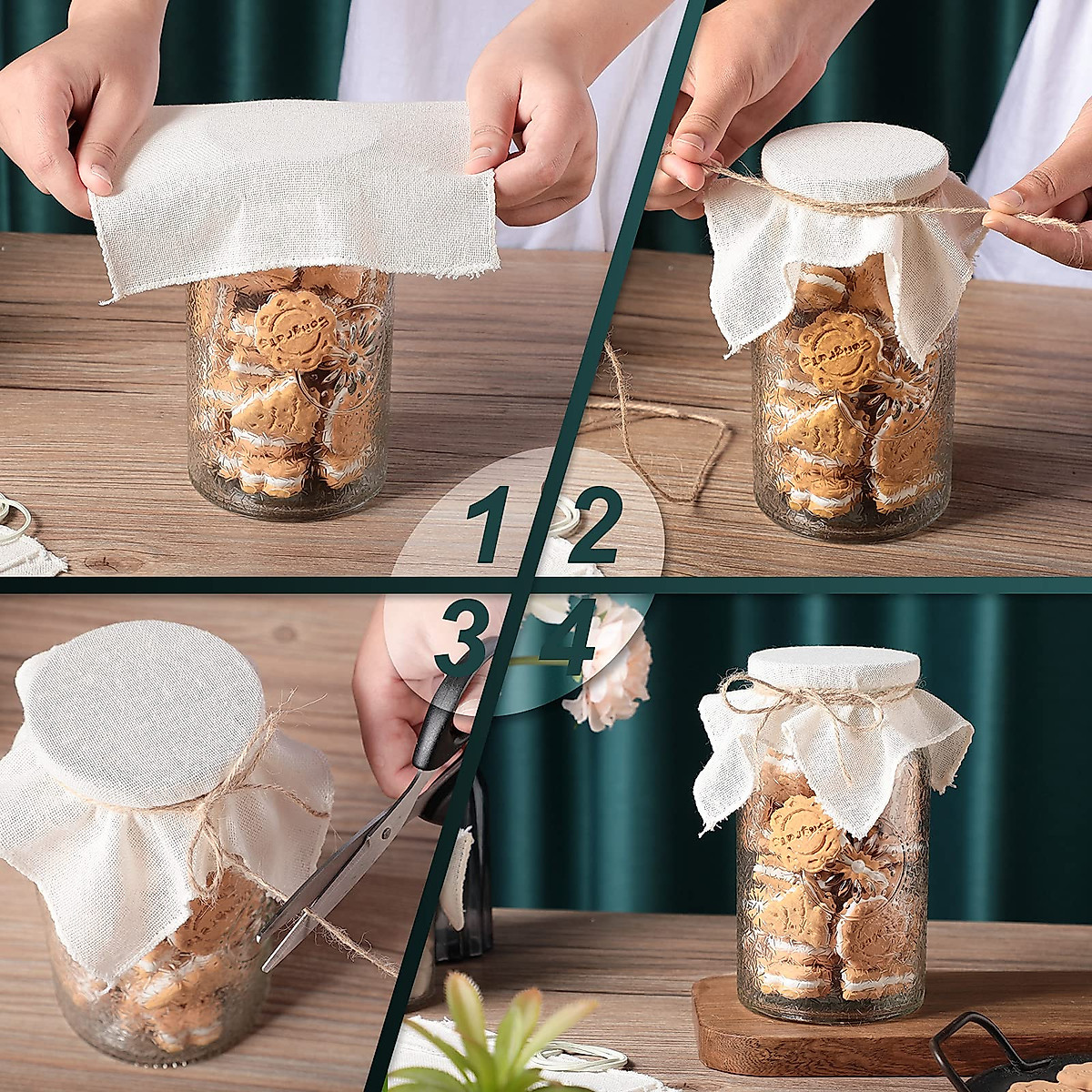 20 Pieces Unbleached Muslin Jar Cloth Covers Kombucha Covers Fermentation Breathe Muslin Covers 8 Inch Square Covers with 20 Rubber Bands and 5 Meters Jute Rope for Bottle Jar