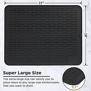 SOSMAR Silicone Drying Mat, XL Size 23” x 18”, Dish Drying Mat, Large Dish Drainer Mat for Kitchen Counter, Heat Resistant Hot Pot Holder, Non-Slip Silicone Sink Mat, BPA Free, Dish Washer Safe, Black
