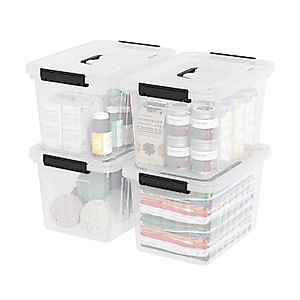 Waikhomes 4 Pack Plastic Storage Boxes, Lidded Storage Bins with Handle, 20L, Clear