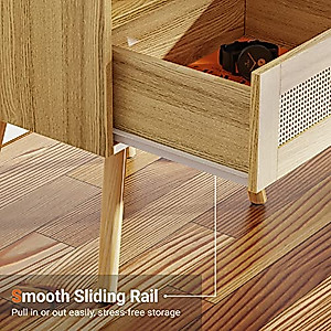 SUPERJARE Nightstands Set of 2, Night Stands with Charging Station & PE Rattan Decor Drawer, Bed Side Tables with Solid Wood Feet, End Table, for Bedroom, Living Room - Natural