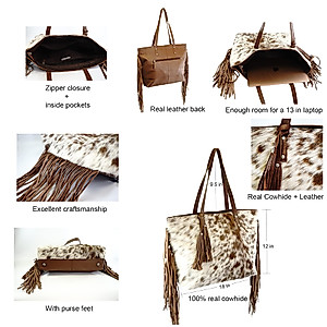 bonanza leathers Cowhide Shoulder Bag - Stylish Western Fringe Purse w/Zipper Closure - Durable Western Tote Bag & Leather Bag for Daily Use - Western Purse w/Unique Cowhide Pattern - Chocolate
