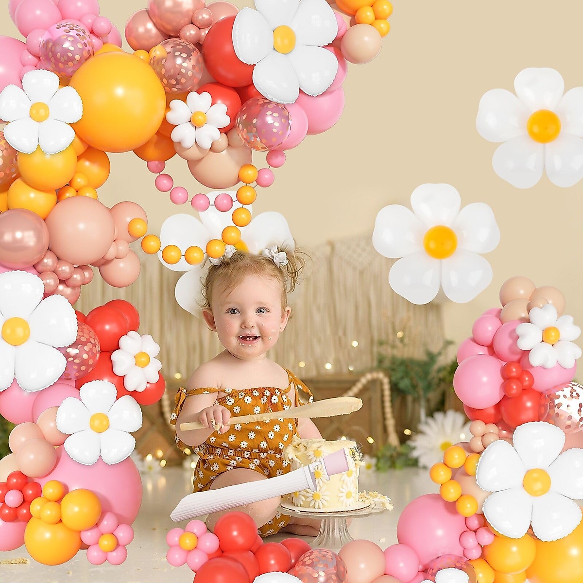 168Pcs Daisy Balloon Arch Garland Kit, Mothers Day Pastel Pink Orange Yellow Confetti Daisy Flower Balloons for Two Groovy One Birthday Floral Boho Girl Baby Shower Wedding Hippie Party Decorations