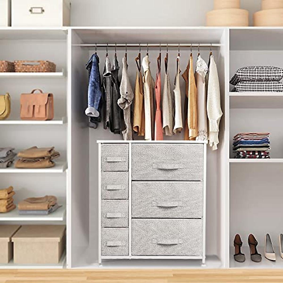 CONNOO 7 Drawer Dresser Storage Tower, 4-Tier Vertical Organizer Unit Chest for Bedroom, Hallway, Entryway, Closet, Nursery, Sturdy Steel Frame, Wooden Top, Easy Pull Fabric Bins, Gray/White
