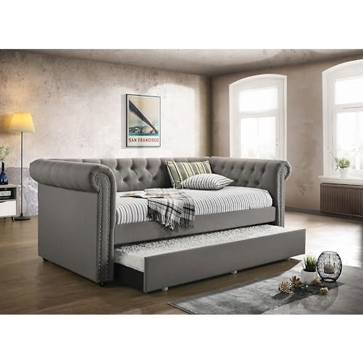 Coaster Home Furnishings Kepner Modern Classic Fabric Upholstered Twin Size Chesterfield Button Tufted Daybed with Trundle Bed for Guestroom 37-inch Headboard Bedroom Lounger Grey 300549