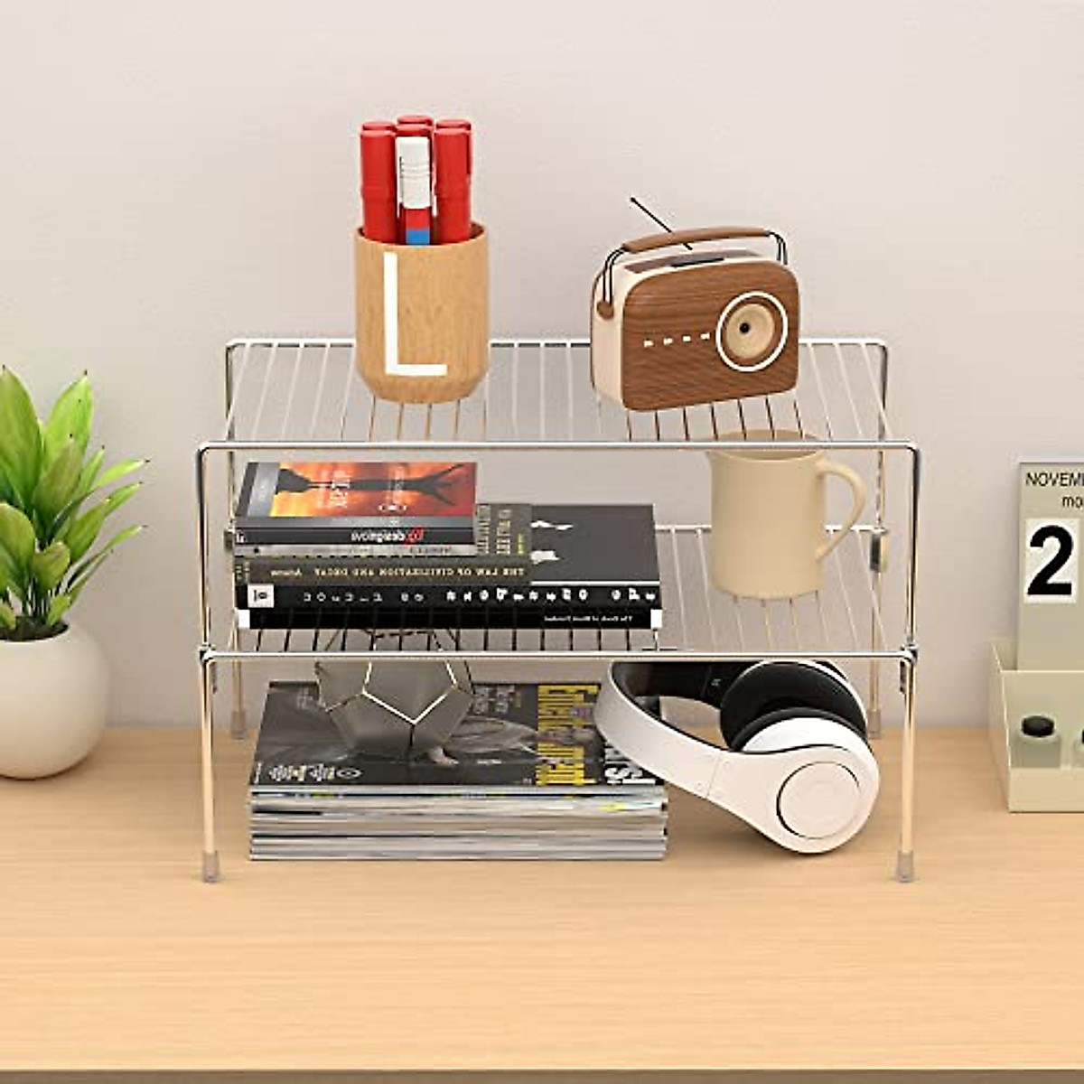 Redrubbit 2 Pack Large (15.9 x 9. 4 Inch) Stackable Cabinet Storage Shelf Rack, Rustproof Kitchen Counter and Cabinet Shelf, Storage Rack Organizer for Kitchen, Fridge, Cabinet, Bathroom, Chrome