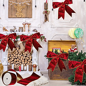 2 Rolls Christmas Velvet Ribbon 2.5 Inches Width Vintage Wide Wired Edge Wrapping Ribbon for Christmas Gift Wrapping, Bow Making（Green,Red）