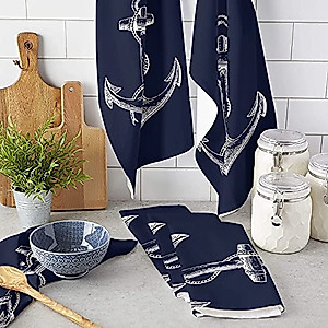 Big buy store White Nautical Anchor Kitchen Dish Towels Set of 2, Soft Lightweight Microfiber Absorbent Hand Towel Navy Blue Tea Towel for Kitchen Bathroom 18x28in