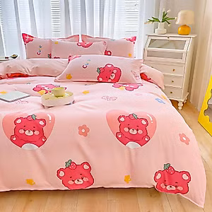 Sleepwish 3 Pieces Strawberry Bear Print Duvet Cover Set 79"x91" Pink Flowers Bedding Set for Kids Teens Girls Bed Cover with 2 Pillowcases