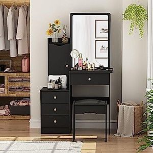 FAMAPY Makeup Desk with Drawers & Crystal Handles, Vanity Table Set with Sliding Mirror, Vanity Desk Dressing Table with Drawers and Shelves, Cushion Stool, Black