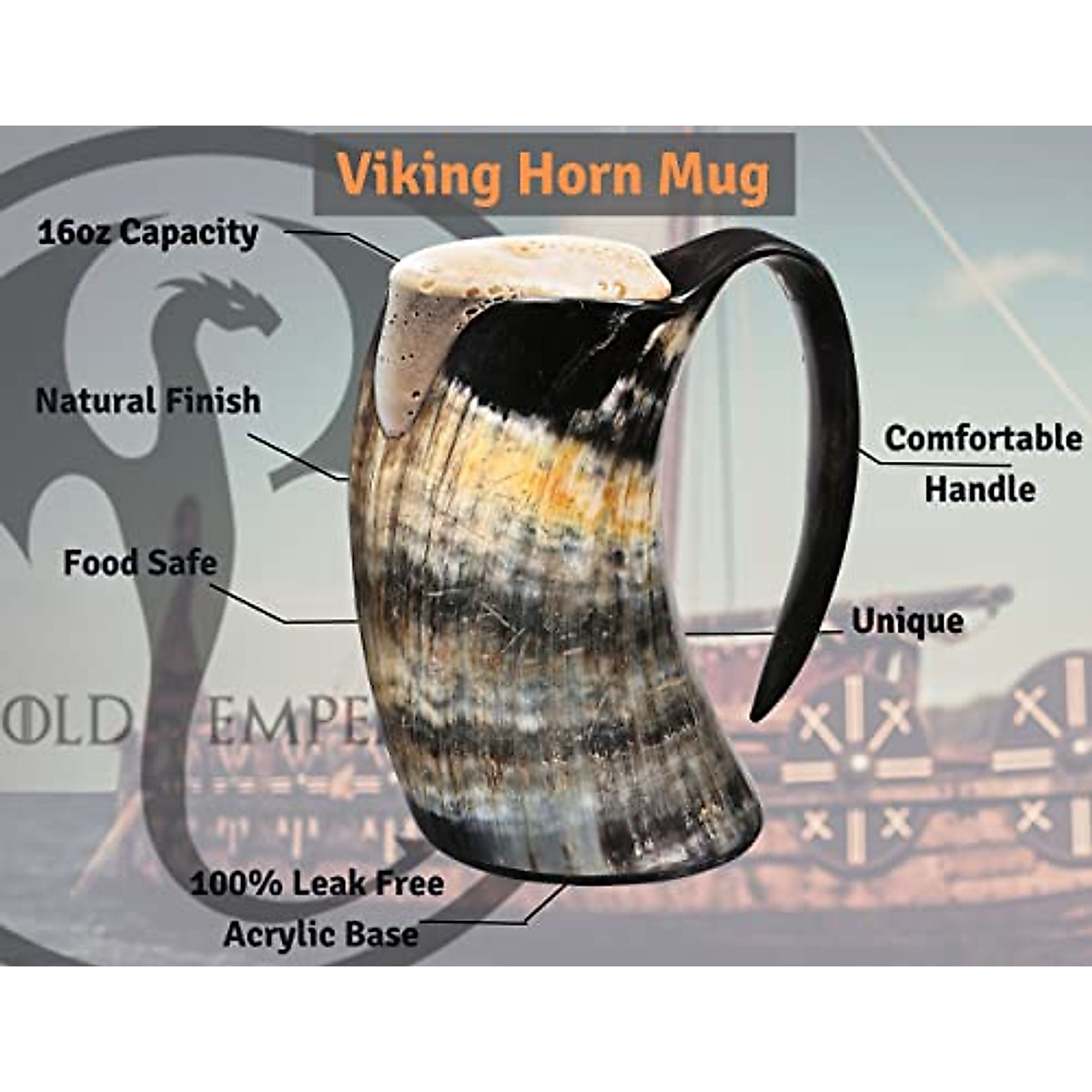 Viking Horn Mug - 100% Authentic 16oz - Ultimate Unique Handmade Ox Horn Norse Mug for Hot & Cold Drinks with Gift Bag - Food Grade Medieval Style Man's Beer & Mead Cup…