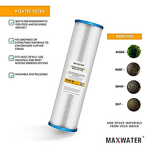 Max Water 20 x 4.5 inch Whole House Pleated Sediment Water Filter - 10 Micron - Compatible with 20" BB Whole House Water Filtration Systems