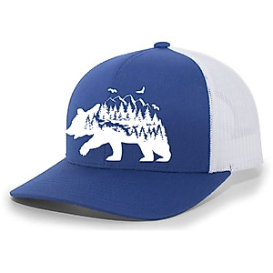 Heritage Pride Mens Bear Hat Embroidered Bear Mountain Forest Tamarack Mens Mesh Back Trucker Hat Baseball Cap-Royal/White