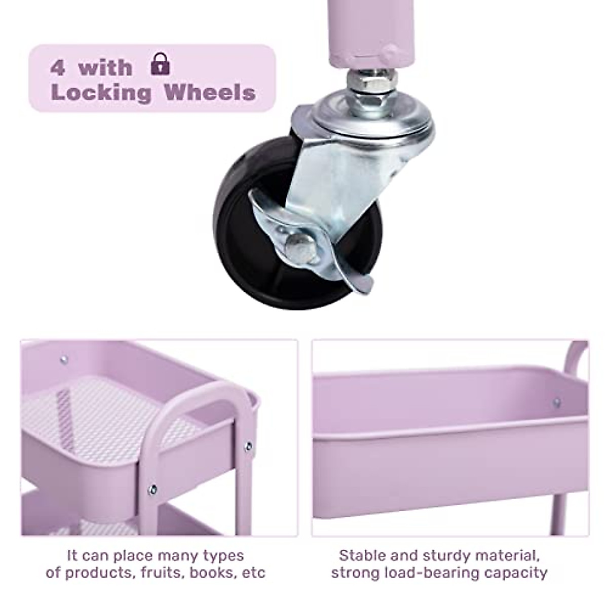 AGTEK Makeup Cart, Movable Rolling Organizer Cart, 3 Tier Metal Utility Cart with Lockable Wheels for Home & Office, Purple